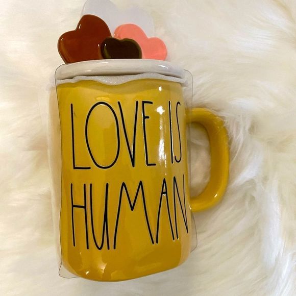 Rae Dunn | Dining | Rae Dunn Love Is Human Mug With Topper Yellow Cup ...